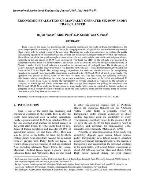Pdf Ergonomic Evaluation Of Manually Operated Six Row Paddy Transplanter