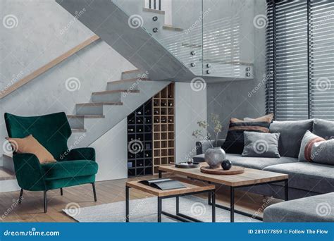 Stylish Composition Of Living Room Interior With Corner Grey Sofa