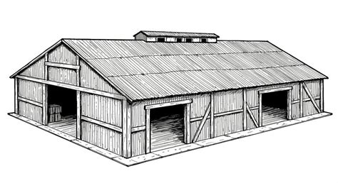 A Black And White Line Drawing Of A Large Barn Features A Simple Rectangular Structure Stock