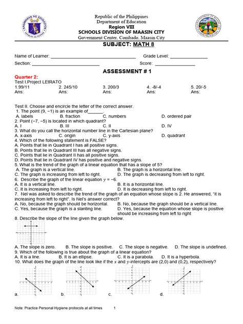 Math 8 Assessment Quarter 2 Pdf Cartesian Coordinate System Slope