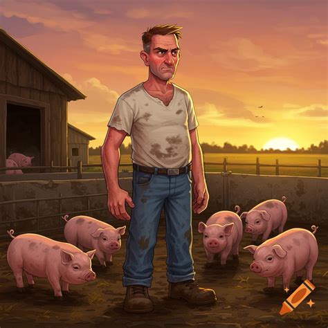 Cartoon Illustration Of A Farmer And A Cow In A Muddy Ditch Text