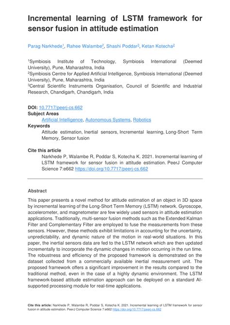 PDF Incremental Learning Of LSTM Framework For Sensor Fusion In Attitude Estimation