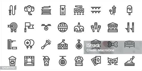 씰 포커 카드 디스코 볼 팝콘 나비 넥타이 트럼펫 기둥 조커 모자 깃발 과 같은 32 개의 서커스 얇은 윤곽 아이콘 세트 나비 넥타이에 대한 스톡 벡터 아트 및 기타 이미지