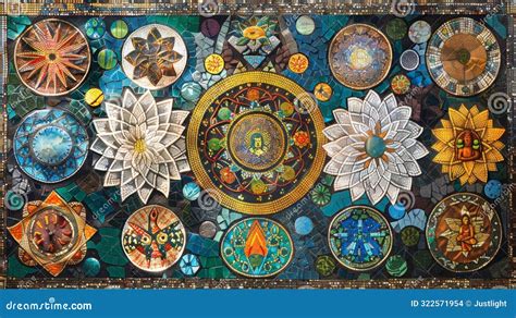 A Mosaic Made Up Of Eight Different Types Of Tiles Forming An Intricate And Colorful