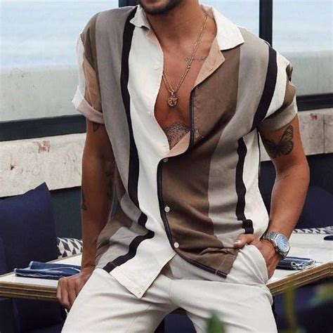 Colorblock Striped Short Sleeved Shirt Short Sleeve Tops Casual Mens