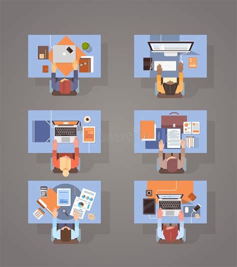 People Using Computers Businesspeople Hand Workplace Desk Top Angle View Laptop Desktop Teamwork