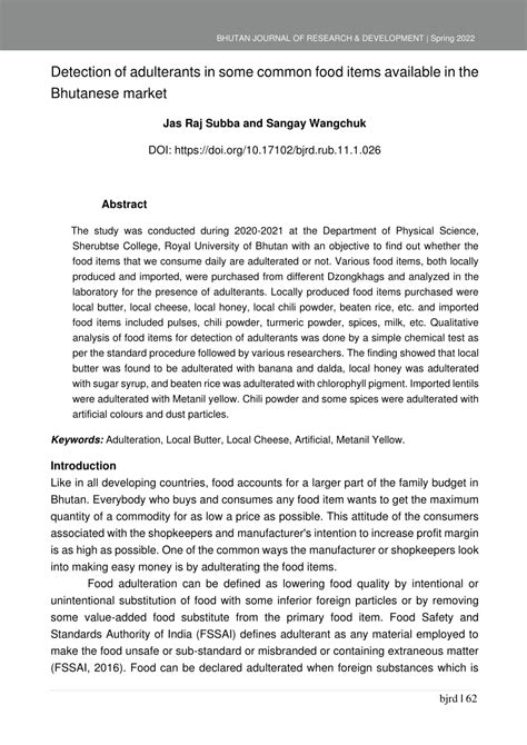 Pdf Detection Of Adulterants In Some Common Food Items Available In The Bhutanese Market