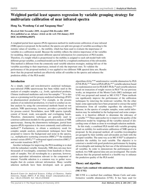 Pdf Weighted Partial Least Squares Regression By Variable Grouping Strategy For Multivariate