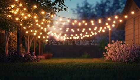 Glowing String Lights Illuminate A Yard During Twilight Stock Image Image Of Stars Lights