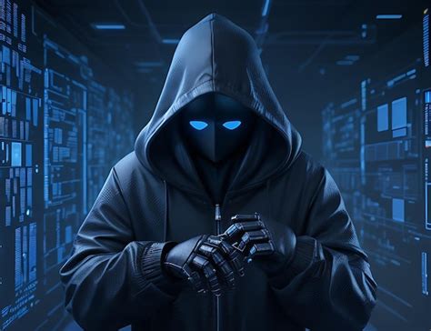 Premium Ai Image A Black Hooded Hacker With A Face Mask Working With Futuristic Technology To Hack