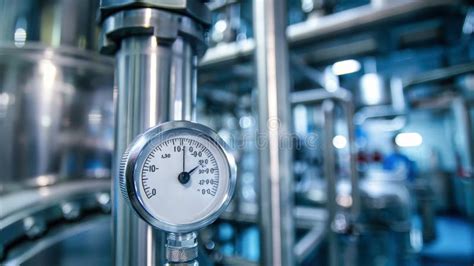 Close Up Of A Temperature Sensor Gauge Mounted On A Pipe In A Factory Setting Stock Illustration