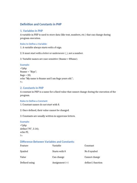 Php Variables And Constants Explained Pdf