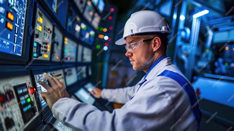Engineer Monitoring A Control Room In A Nuclear Power Plant Emphasizing The Precision And Safety
