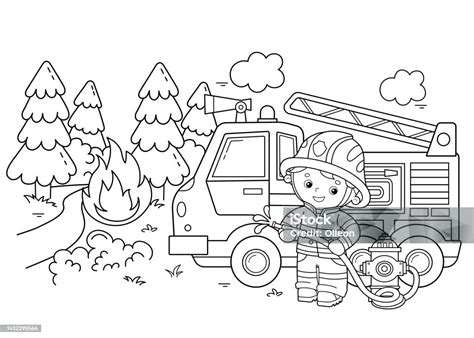 색칠 공부 페이지 소방관이나 소방관이있는 만화 소방차의 개요 소방 전문 운송 아이들을위한 색칠 공부 책 소방관에 대한 스톡 벡터 아트 및 기타 이미지 Istock
