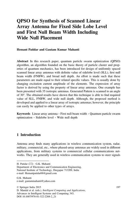 pdf qpso for synthesis of scanned linear array antenna for fixed side