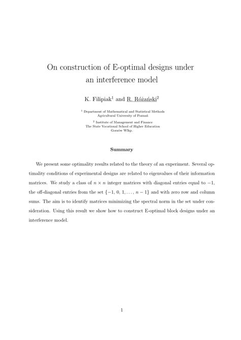 Pdf On Construction Of E Optimal Designs Under An Interference Model