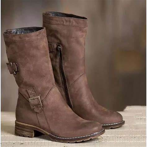 Womens Brown Faux Leather Motorcycle Boots With Buckle Straps And Faux Fur Lining Mid Calf