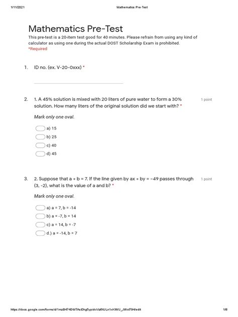 4 1 Mathematics Pre Test Pdf Mathematics Elementary Geometry