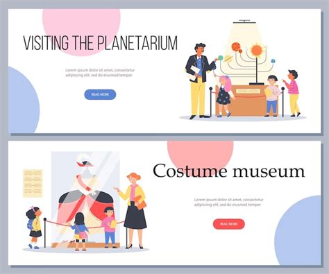 어린이 평면 벡터 일러스트 레이 션 의상 박물관 및 천문관 투어 프리미엄 벡터