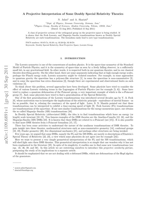 Pdf A Projective Interpretation Of Some Doubly Special Relativity Theories