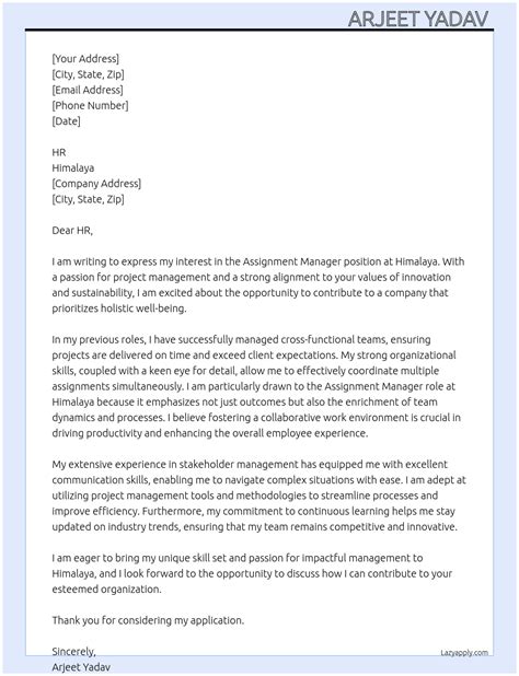 Cover Letter For Assignment Manager Lazyapply