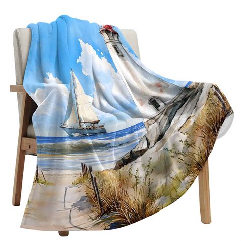 Fleece Blanket Ocean Lighthouse Boat Summer Beach Grass Blankets Soft