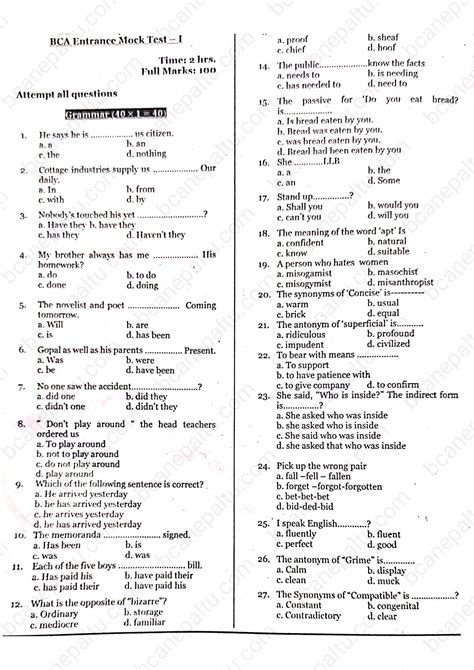 Bca Entrance Practice Old And Model Set Questions Bca Nepal