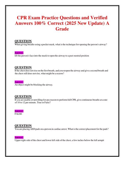 Cpr Exam Practice Questions And Verified Answers 100 Correct 2025 New Update A Grade Cpr