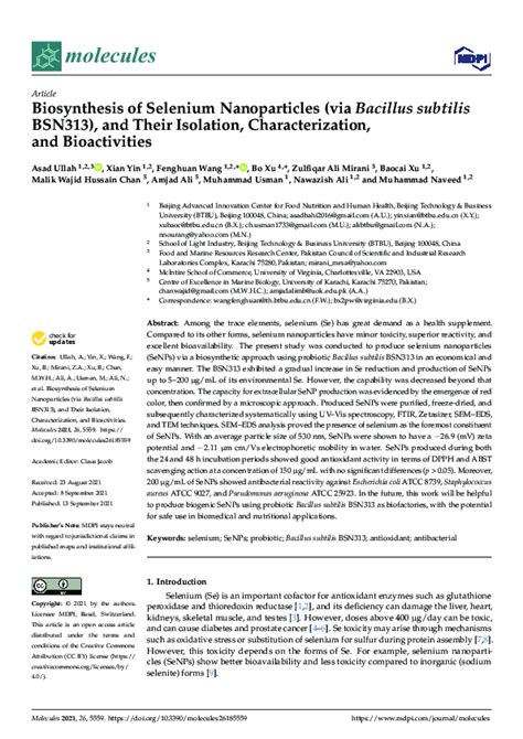 Pdf Biosynthesis Of Selenium Nanoparticles Via Bacillus Subtilis Bsn313 And Their Isolation