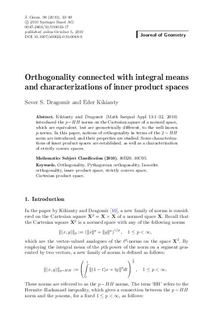 Pdf Orthogonality Connected With Integral Means And Characterizations Of Inner Product Spaces