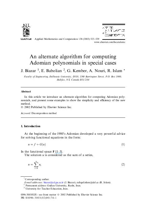 Pdf An Alternate Algorithm For Computing Adomian Polynomials In Special Cases