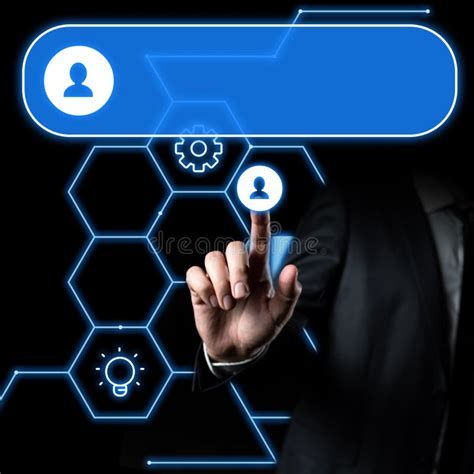 Man In Black Office Suit Standing And Pressing Virtual Button With His