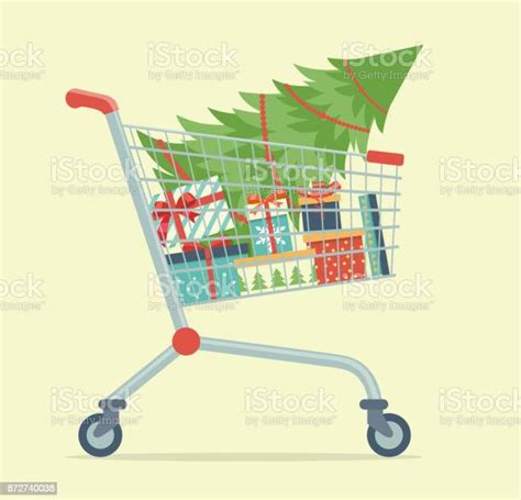 쇼핑 카트 선물 상자의 전체 및 크리스마스 나무 벡터 평면 그림 가득 찬에 대한 스톡 벡터 아트 및 기타 이미지 가득 찬 구매 금속 Istock