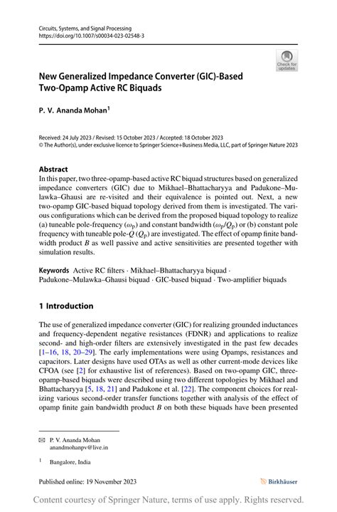 New Generalized Impedance Converter Gic Based Two Opamp Active Rc Biquads Request Pdf