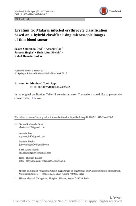 Erratum To Malaria Infected Erythrocyte Classification Based On A