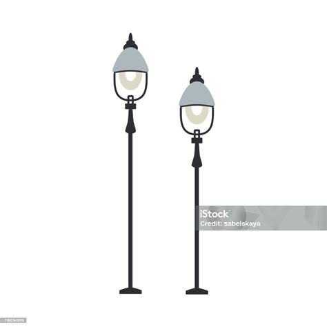 흰색 배경에 고립 된 평면 디자인의 다양한 높이의 가로등 하나의 램프 세트와 거리 등불 가로등에 대한 스톡 벡터 아트 및 기타 이미지 가로등 개체 그룹 거리 Istock