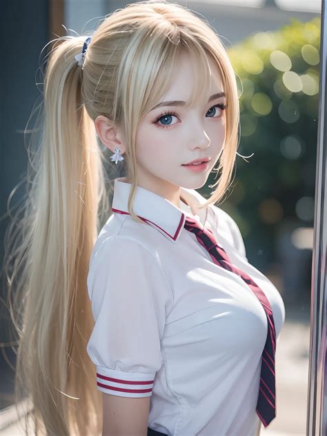 포니테일과 넥타이를 매고 사진을 찍기 위해 포즈를 취하는 금발 머리 소녀 Seaart Ai