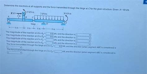 Solved Question C Determine The Reactions At All Supports And The Force 1 Answer