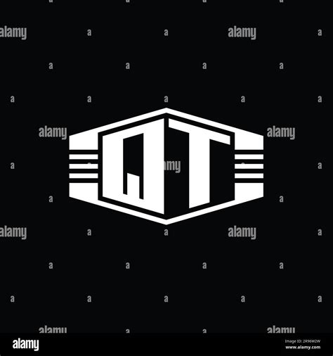Qt Letter Logo Monogram Hexagon Emblem Shape With Stripes Outline Style