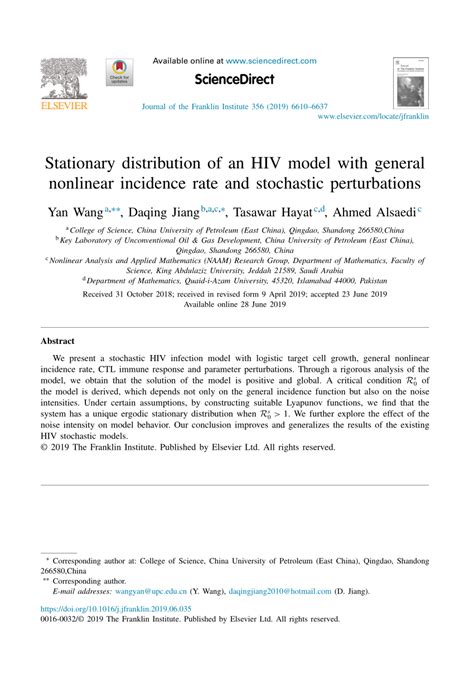 Pdf Stationary Distribution Of An Hiv Model With General Nonlinear