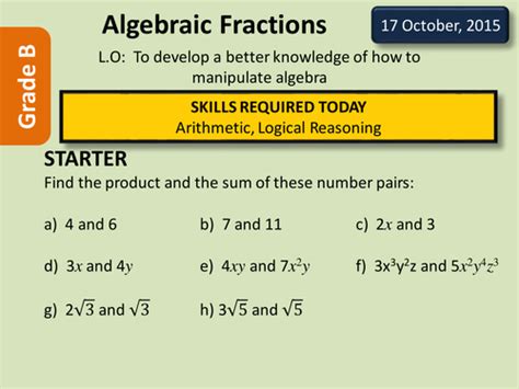 Simplifying Algebraic Fractions Teaching Resources