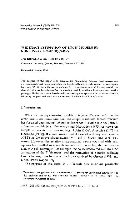 Pdf The Exact Estimation Of Logit Models By Non Linear Least Squares