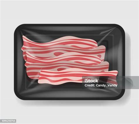 셀로판 커버 플라스틱 트레이 컨테이너에서의 베이컨 이랑 디자인에 대 한 템플릿입니다 플라스틱 음식 콘테이너입니다 벡터 일러스트입니다 0명에 대한 스톡 벡터 아트 및 기타