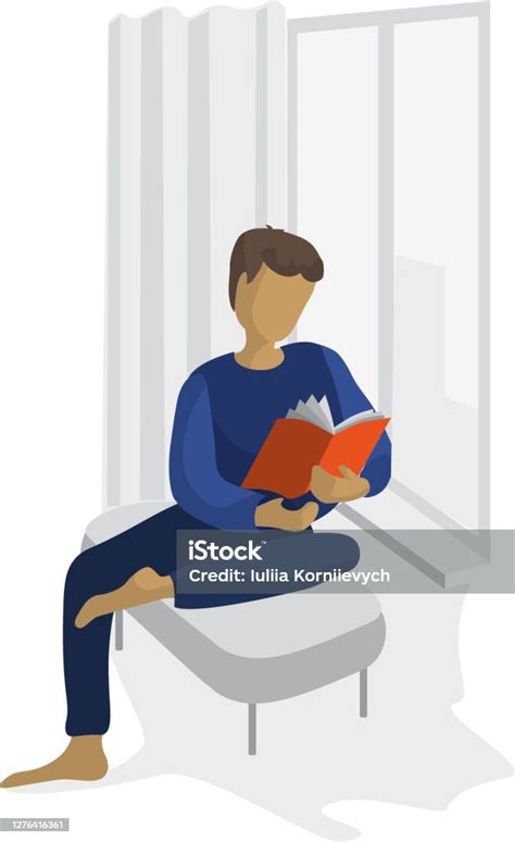 평평한 스타일의 남자의 벡터 일러스트 남자는 창에 의해 소파에 앉아있는 동안 책을 읽습니다 가정 생활에 대한 스톡 벡터 아트 및 기타 이미지 Istock