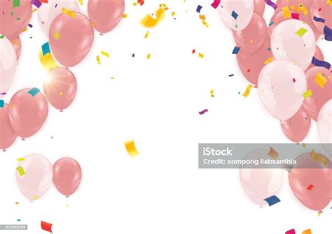 배경 벡터에 색종이 조각이 있는 풍선 기념일 생일 판매 및 프로모션 파티 디자인 요소를 위한 사실적인 벡터 일러스트레이션 오렌지 레드 3차원 형태에 대한 스톡 벡터 아트 및