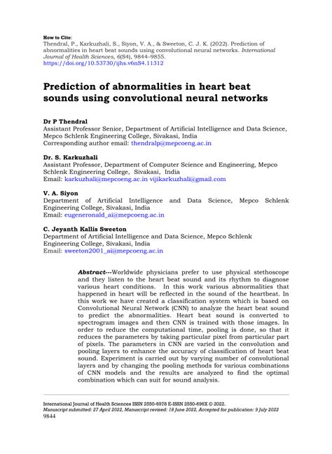 Pdf Prediction Of Abnormalities In Heart Beat Sounds Using Convolutional Neural Networks