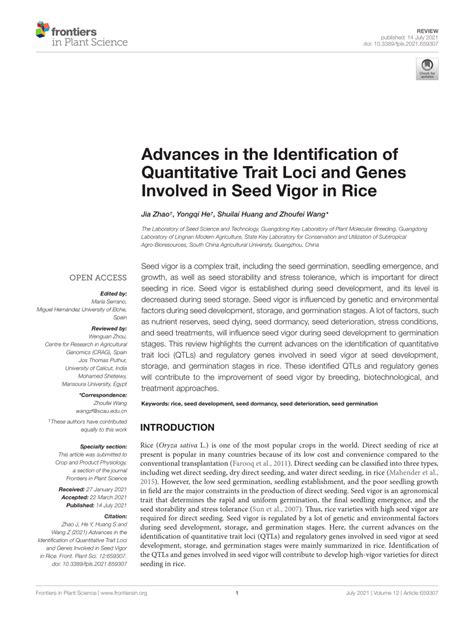 Pdf Advances In The Identification Of Quantitative Trait Loci And Genes Involved In Seed Vigor