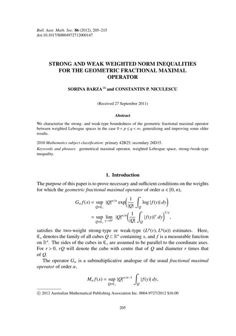 Pdf Strong And Weak Weighted Norm Inequalities For The Geometric Fractional Maximal Operator