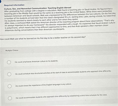 Solved Required Informationculture Sex And Nonverbal