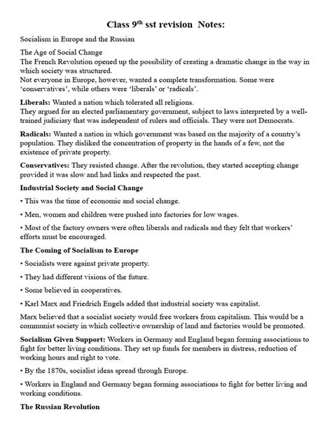 Class 9th Sst Revision Notes Pdf Russian Empire Socialism